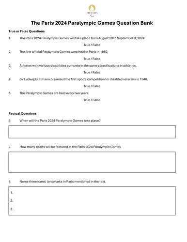Paralympics Paris 2024 - Reading Comprehension with Answers (Guided ...