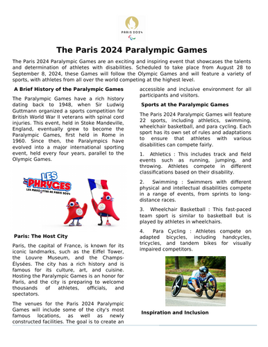 Paralympics Paris 2024 - Reading Comprehension with Answers (Guided ...