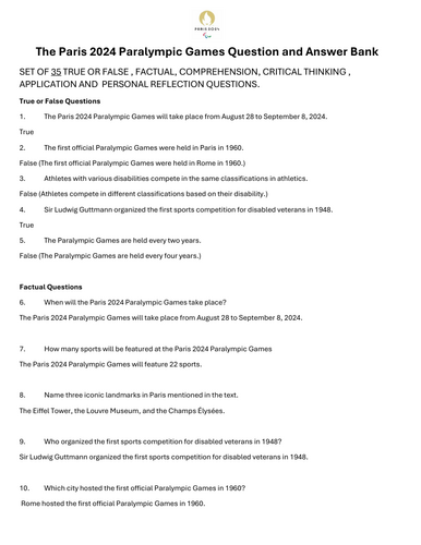 Paralympics Paris 2024 - Reading Comprehension with Answers (Guided ...