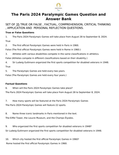 Paralympics Paris 2024 - Reading Comprehension with Answers (Guided ...