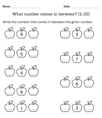 before after and between numbers worksheets 1 to 10 for kindergarten ...