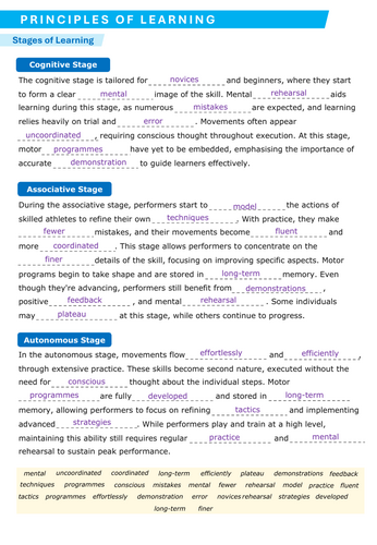 A Level PE - Principles of Learning Worksheets and Answers | Teaching ...
