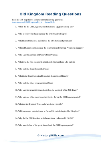Overview of Old Kingdom Egypt Reading Questions Worksheet | Teaching ...
