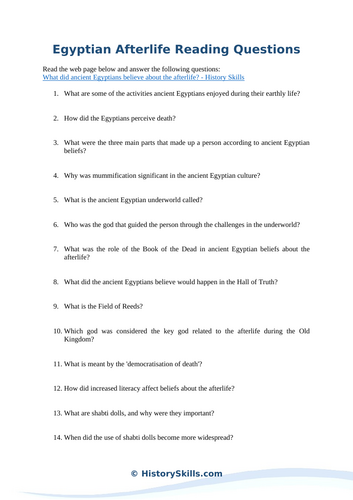 Ancient Egyptian Afterlife Beliefs Reading Questions Worksheet ...