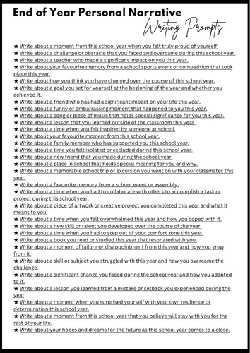 30 End of Year Personal Reflective Writing Prompts | Teaching Resources