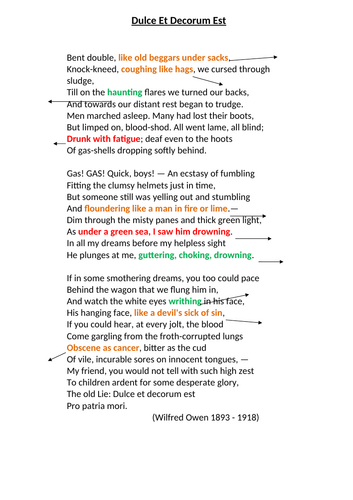 Dulce Et Decorum Est Adapted Lesson Teaching Resources