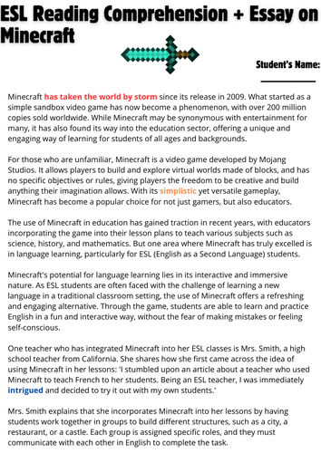 ESL Reading Comprehension + Essay Worksheet - Minecraft | Teaching ...