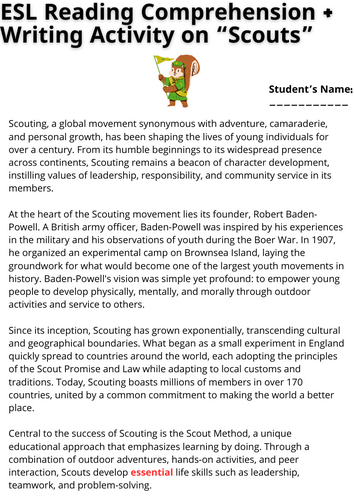 ESL Reading Comprehension + Writing Activity Worksheets on Scouts ...