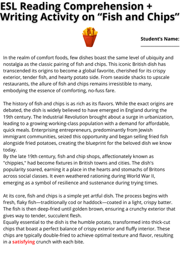 ESL Reading Comprehension + Writing Activity Worksheet - Fish and Chips ...