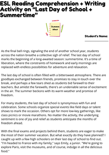 ESL Reading Comprehension + Essay Worksheet on Last day of School ...