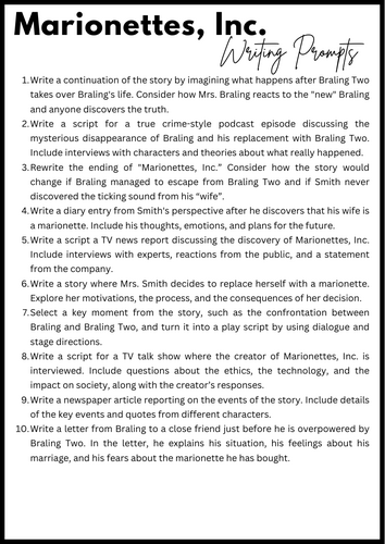 Marionettes, Inc, Post-Reading Creative Writing Prompts | Teaching ...