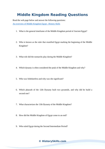 Overview of Middle Kingdom Egypt Reading Questions Worksheet | Teaching ...