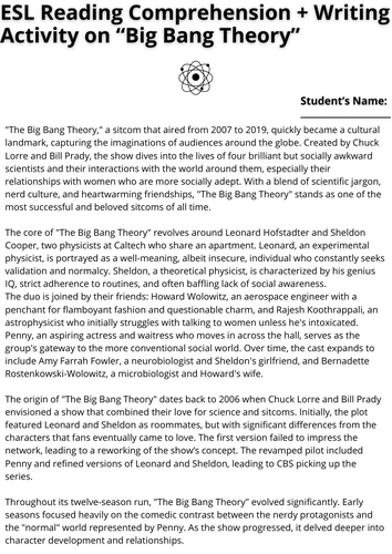 ESL Reading Comprehension + Writing Activity Worksheets on "Big Bang ...