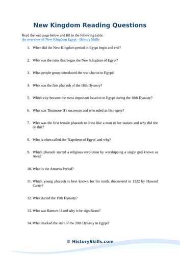 New Kingdom Egypt Reading Questions Worksheet | Teaching Resources