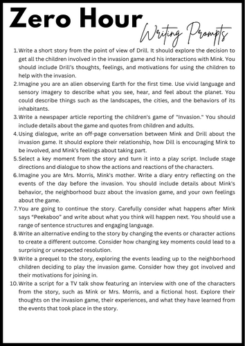 Zero Hour by Ray Bradbury Post-Reading Creative Writing Prompts ...