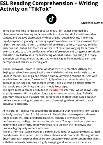 ESL Reading Comprehension + Writing Activity Worksheets on TikTok ...