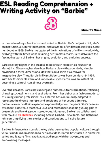 ESL Reading Comprehension + Writing Activity Worksheets on Barbie ...