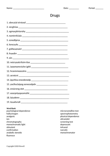 Drugs Word Scramble for a Forensics Course | Teaching Resources