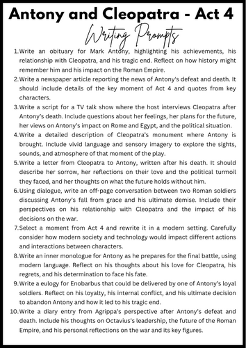 Antony and Cleopatra Act 4 Post-Reading Creative Writing Prompts ...