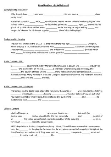 Blood Brothers - by Willy Russell: Background & Context (cloze exercise ...
