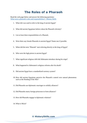 The Roles of an Egyptian Pharaoh Reading Questions Worksheet | Teaching ...