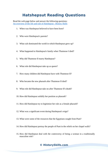 Hatshepsut Reading Questions Worksheet | Teaching Resources