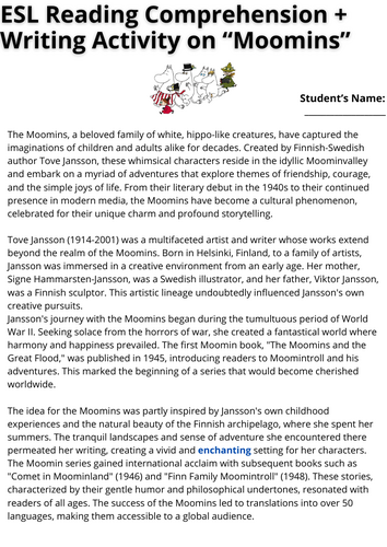 ESL Reading Comprehension + Writing Activity Worksheets on the Moomins ...