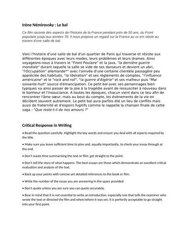 A LEVEL FRENCH revision notes "Le Bal" | Teaching Resources