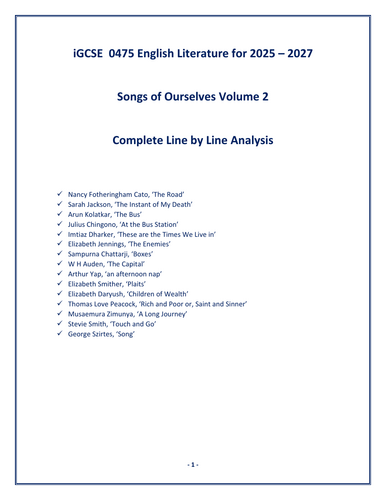 Complete Analysis of Poems from Songs of Ourselves Vol. 2 for iGCSE 2025-2027 | Teaching Resources