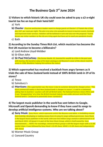 Business Quiz 3rd June 2024 | Teaching Resources