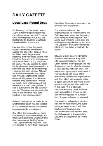 WAGOLL - newpaper article based on The Highwayman | Teaching Resources