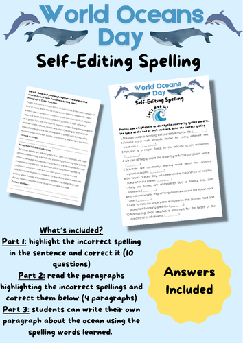 World Oceans Day Spelling Self-Editing Worksheet - End of Year Activity ...