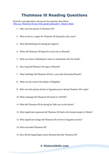 Thutmose III Reading Questions Worksheet | Teaching Resources