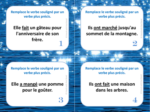 Des verbes plus précis - 20 cartes à tâches / French Grammar Task Cards ...