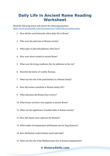 Daily Life in Ancient Rome Reading Worksheet | Teaching Resources