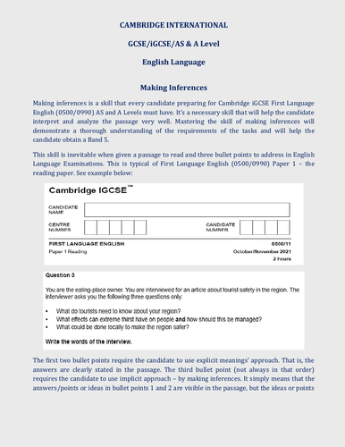 Making Inferences for Creative Writing for iGCSE 0500/0990 Papers 1 & 2 ...