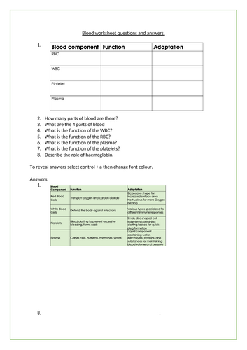 Blood KS4 worksheet questions and answers | Teaching Resources