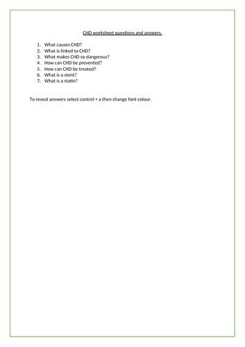 CHD KS4 worksheet questions and answers. | Teaching Resources