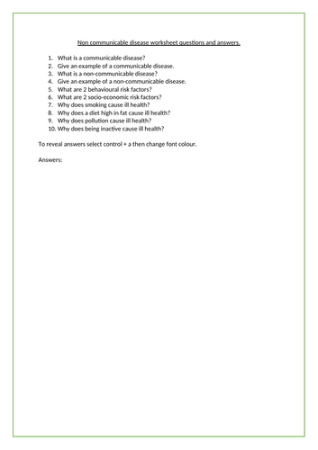Non Communicable disease KS4 worksheet questions and answers ...