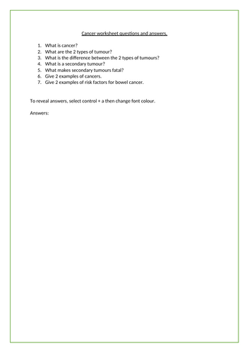 Cancer KS4 worksheet questions and answers. | Teaching Resources