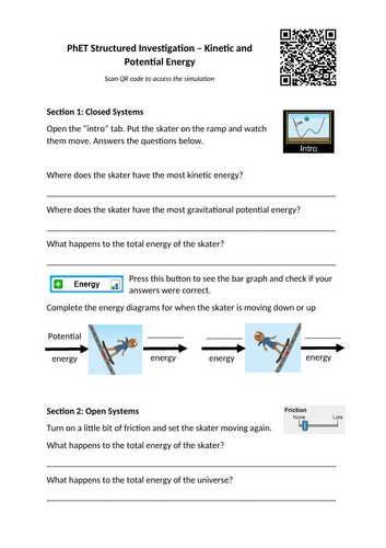Kinetic and Potential Energy - PhET Structured Investigation | Teaching ...