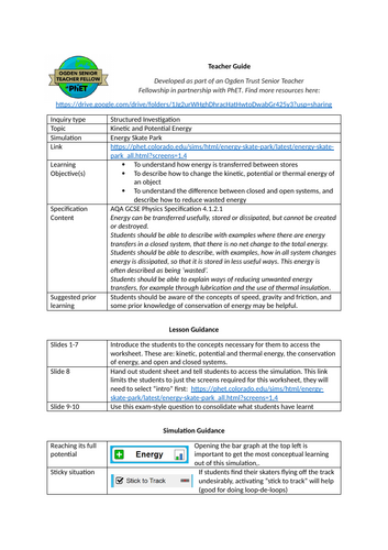 Kinetic and Potential Energy - PhET Structured Investigation | Teaching ...