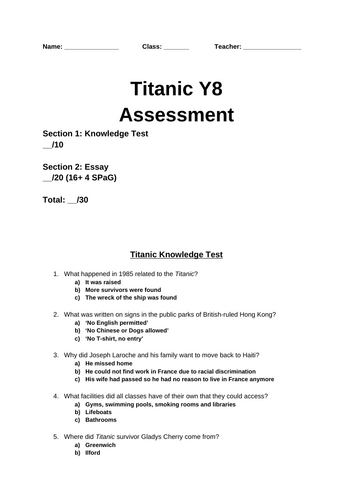 Titanic Enquiry L7-9: Revision, Assessment and Feedback | Teaching ...