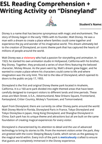 ESL Reading Comprehension + Writing Activity Worksheets on Disneyland ...