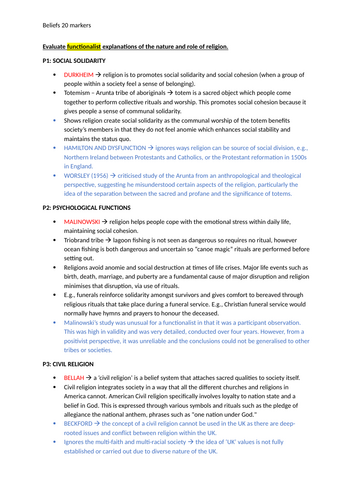 Beliefs AQA Sociology AQA 20 Markers | Teaching Resources