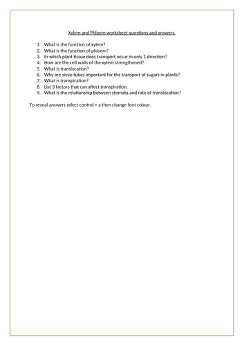 Xylem and Phloem KS4 worksheet questions and answers | Teaching Resources