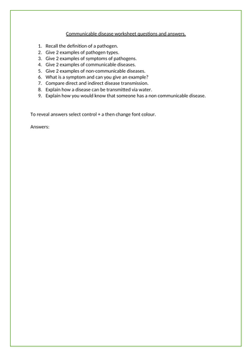 Communicable disease worksheet questions and answers. | Teaching Resources