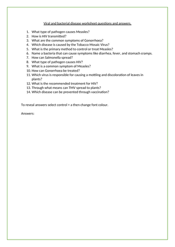 Viral and bacteria KS4 worksheet questions and answers. | Teaching ...