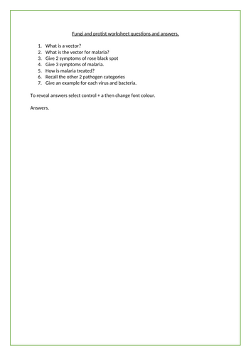 Fungi and protist KS4 worksheet questions and answers. | Teaching Resources