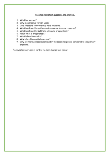 Vaccines worksheet KS4 questions and answers. | Teaching Resources